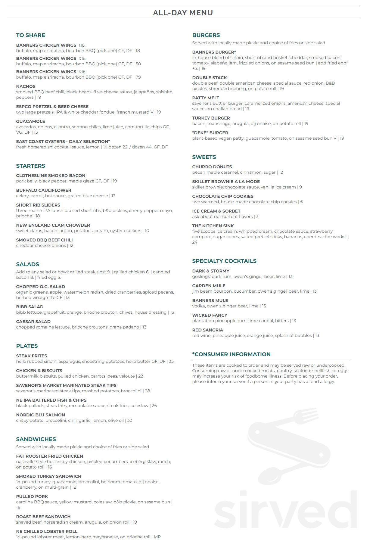 Banners Kitchen & Tap menu in Boston, Massachusetts, USA