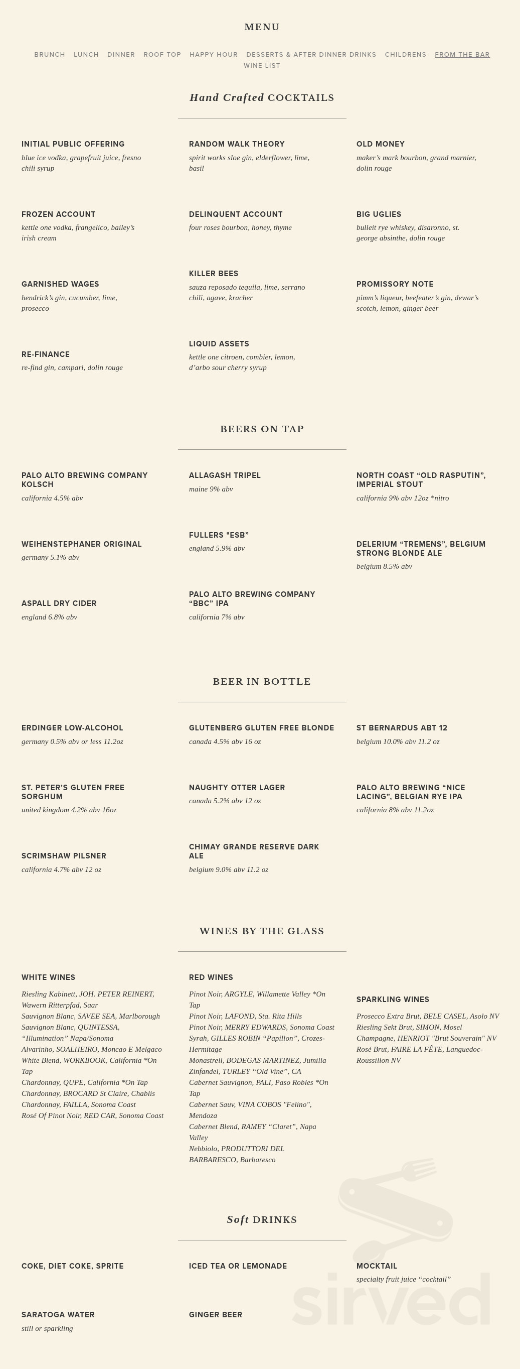 British Bankers Club menu in Menlo Park, California, USA
