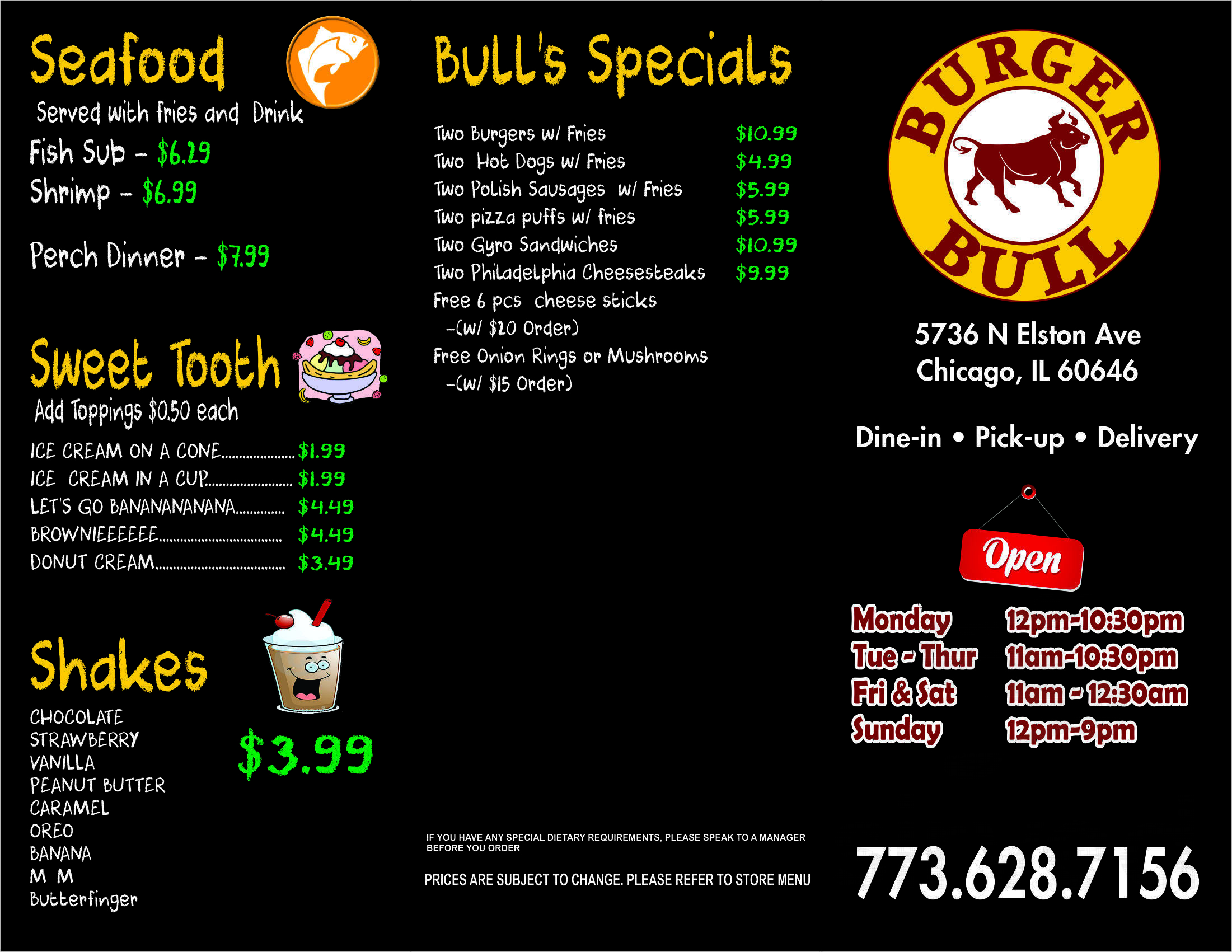 Burger Bull menu in Chicago, Illinois, USA