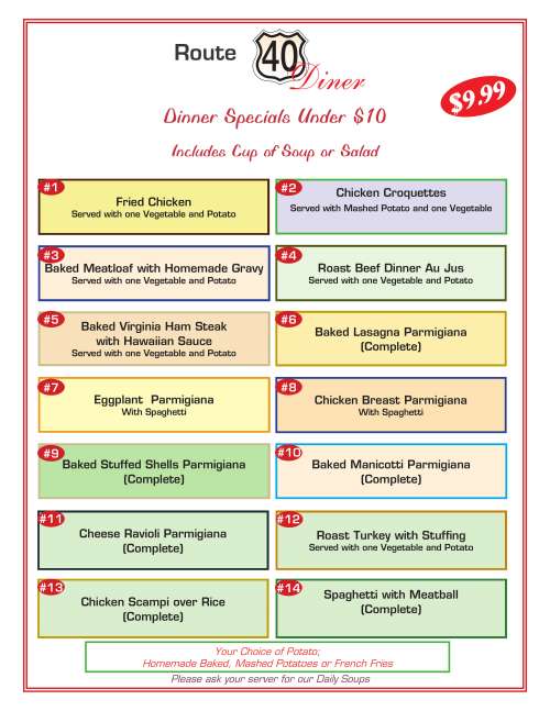 Route 40 Diner menu in Bear, Delaware, USA