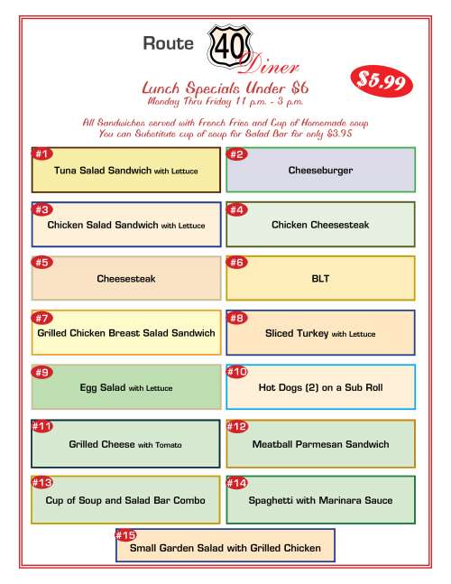 Route 40 Diner menu in Bear, Delaware, USA
