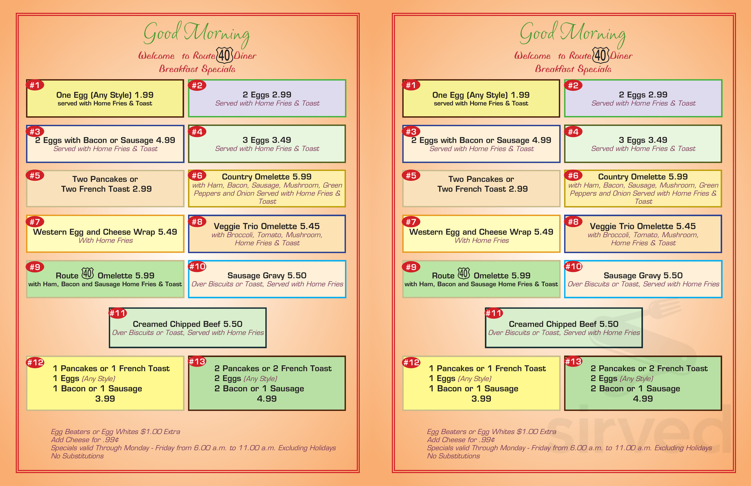 Route 40 Diner menu in Bear, Delaware, USA