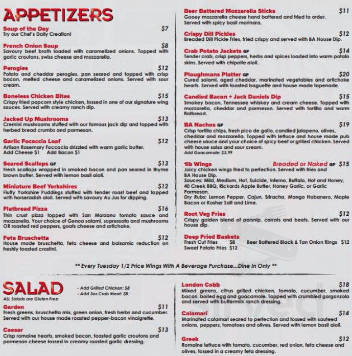 British Arms Pub menu in Barrie, Ontario, Canada