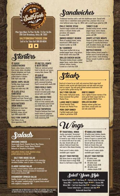 Salt Fork Drafthouse menu in Altus, Oklahoma, USA