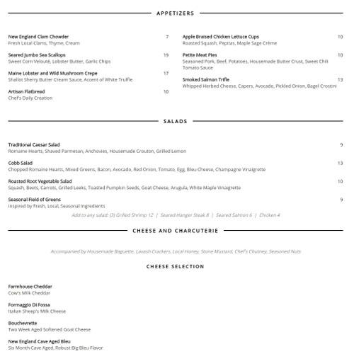 Samuel's menu in Andover, Massachusetts, USA
