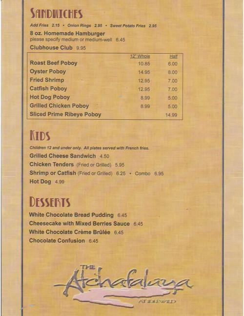 The Atchafalaya Restaurant | Idlewild Golf Course menu in Patterson ...