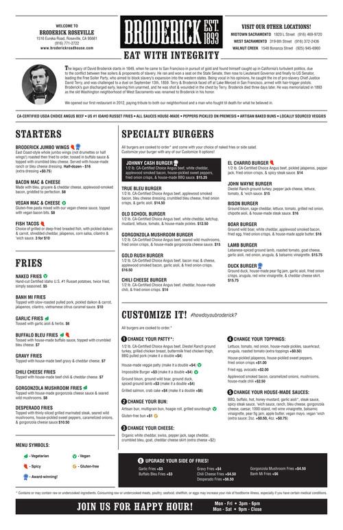 1893 By Broderick Roadhouse menu in West Sacramento, California, USA