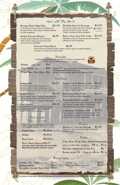 Castaway's Seafood & Grill menu in Port Aransas, Texas, USA