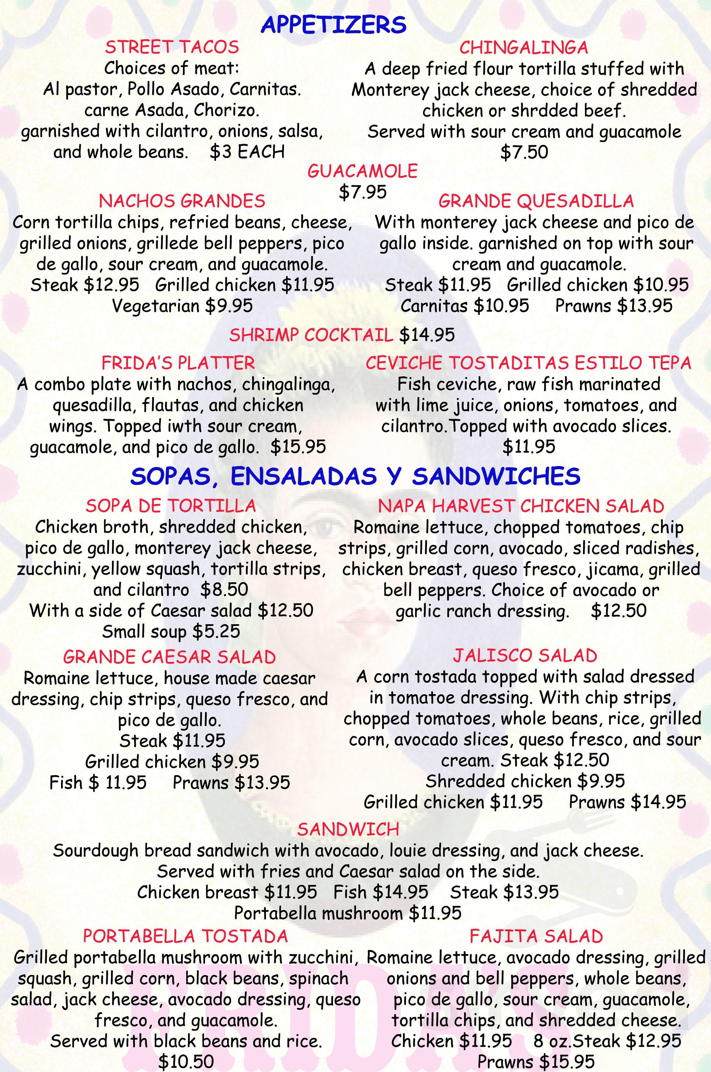 Frida's Mexican Grill menu in Napa, California, USA