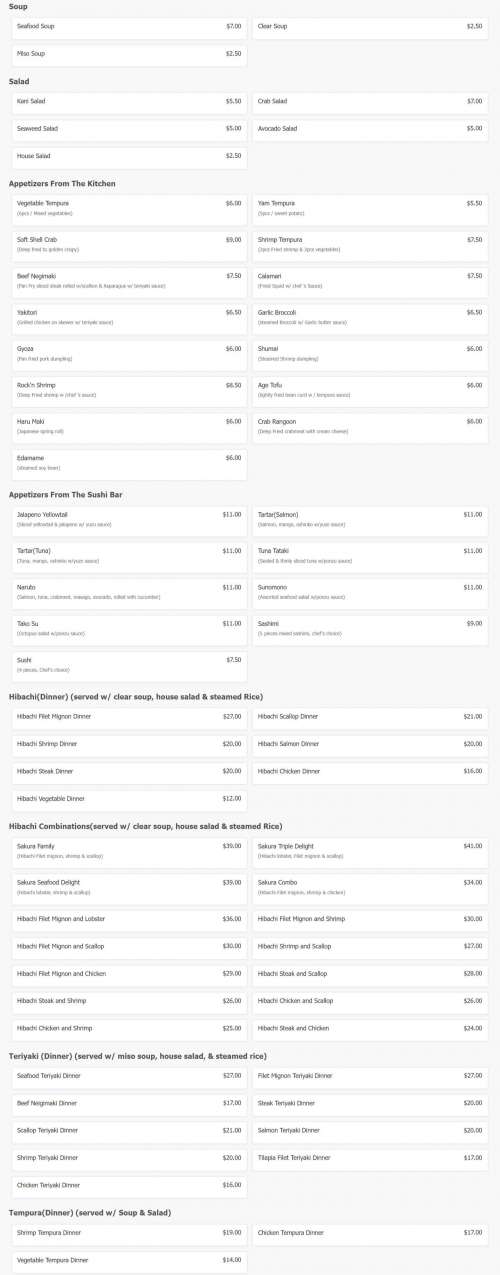 Sakura Grill menu in Haymarket, Virginia, USA