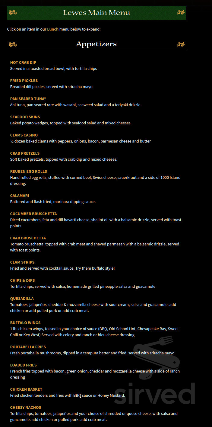 Irish Eyes Pub & Restaurant menu in Milton, Delaware, USA