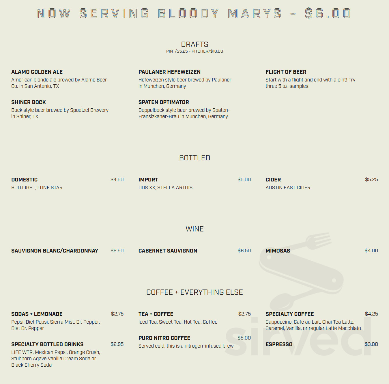 Schilo's German-Texan Restaurant menu in San Antonio, Texas, USA