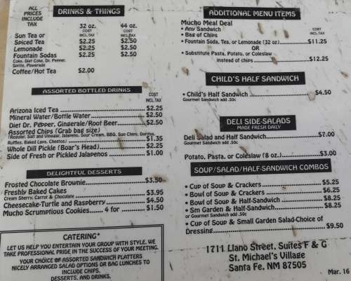 Mucho Gourmet Sandwich Shoppe menu in Santa Fe, New Mexico, USA