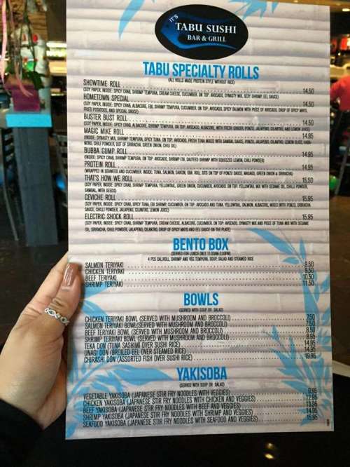 It's Tabu Sushi menu in San Marcos, California, USA