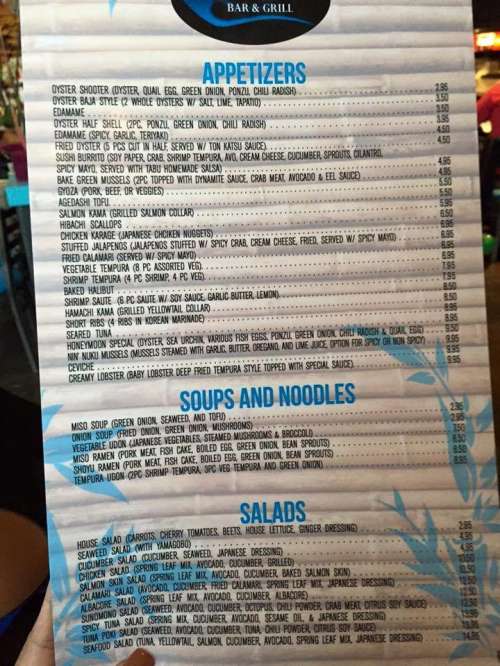 It's Tabu Sushi menu in San Marcos, California, USA