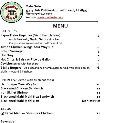 Mahi Nic menu in South Padre Island, Texas, USA