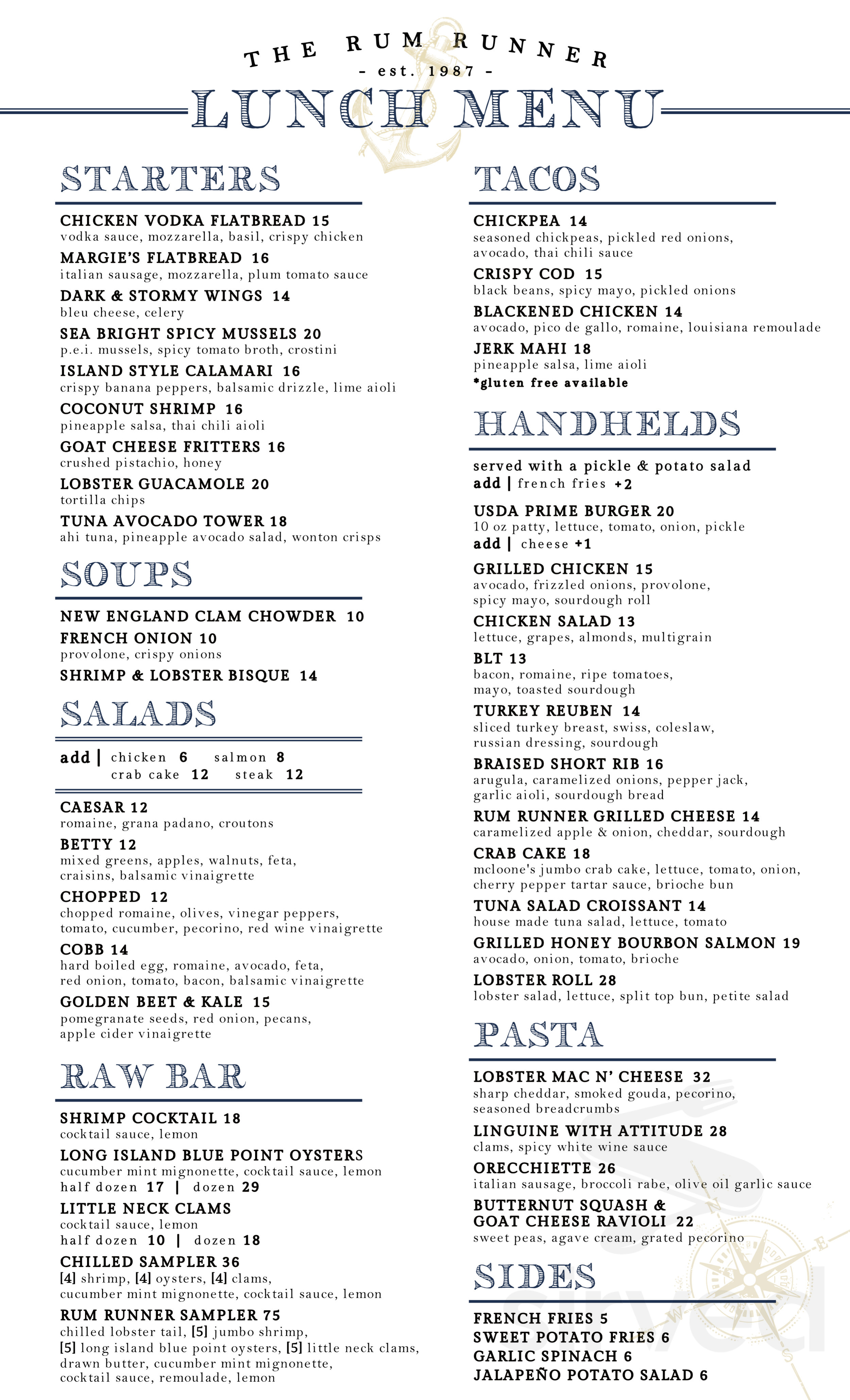 The Rum Runner menu in Sea Bright, New Jersey, USA