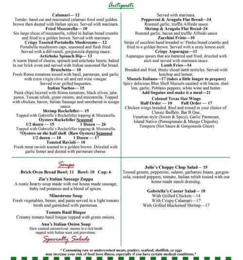 Gabriella's menu in South Padre Island, Texas, USA