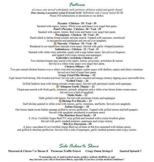 Gabriella's menu in South Padre Island, Texas, USA