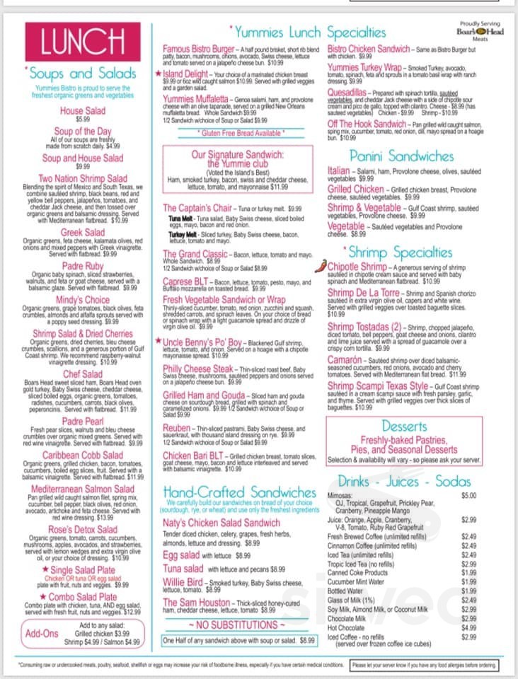 Menu for Yummies Bistro in South Padre Island, TX | Sirved