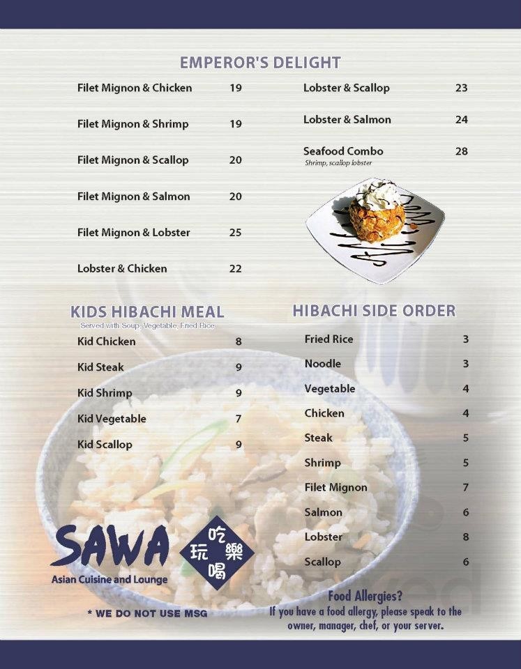 SawaAsian Cuisine & Lounge menu in Gardner, Massachusetts, USA