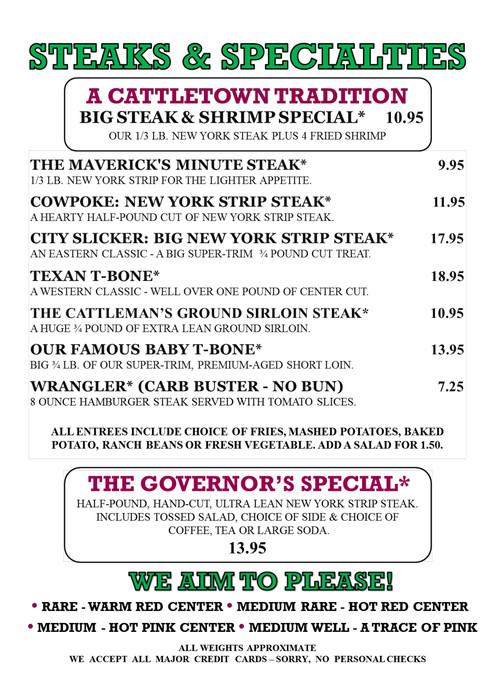 Cattletown Steakhouse & Saloon menu in Tucson, Arizona, USA