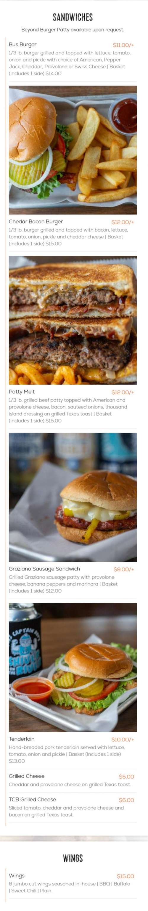 Captain Roy's menu in Des Moines, Iowa, USA