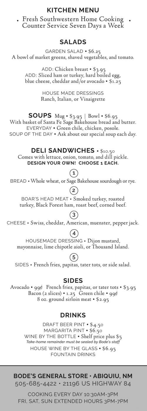 Bode's General Store menu in Abiquiu, New Mexico, USA