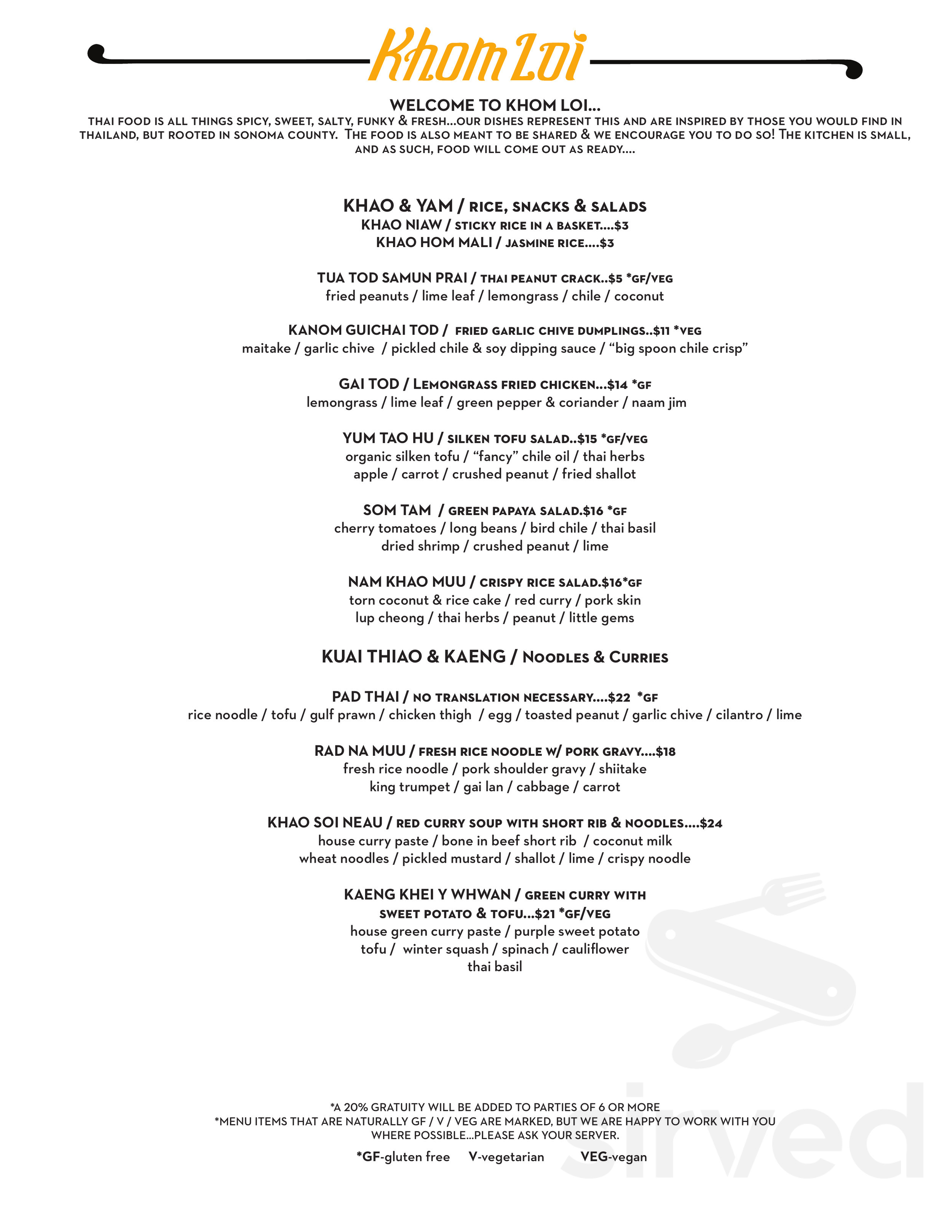 Khom Loi menu in Sebastopol, California, USA