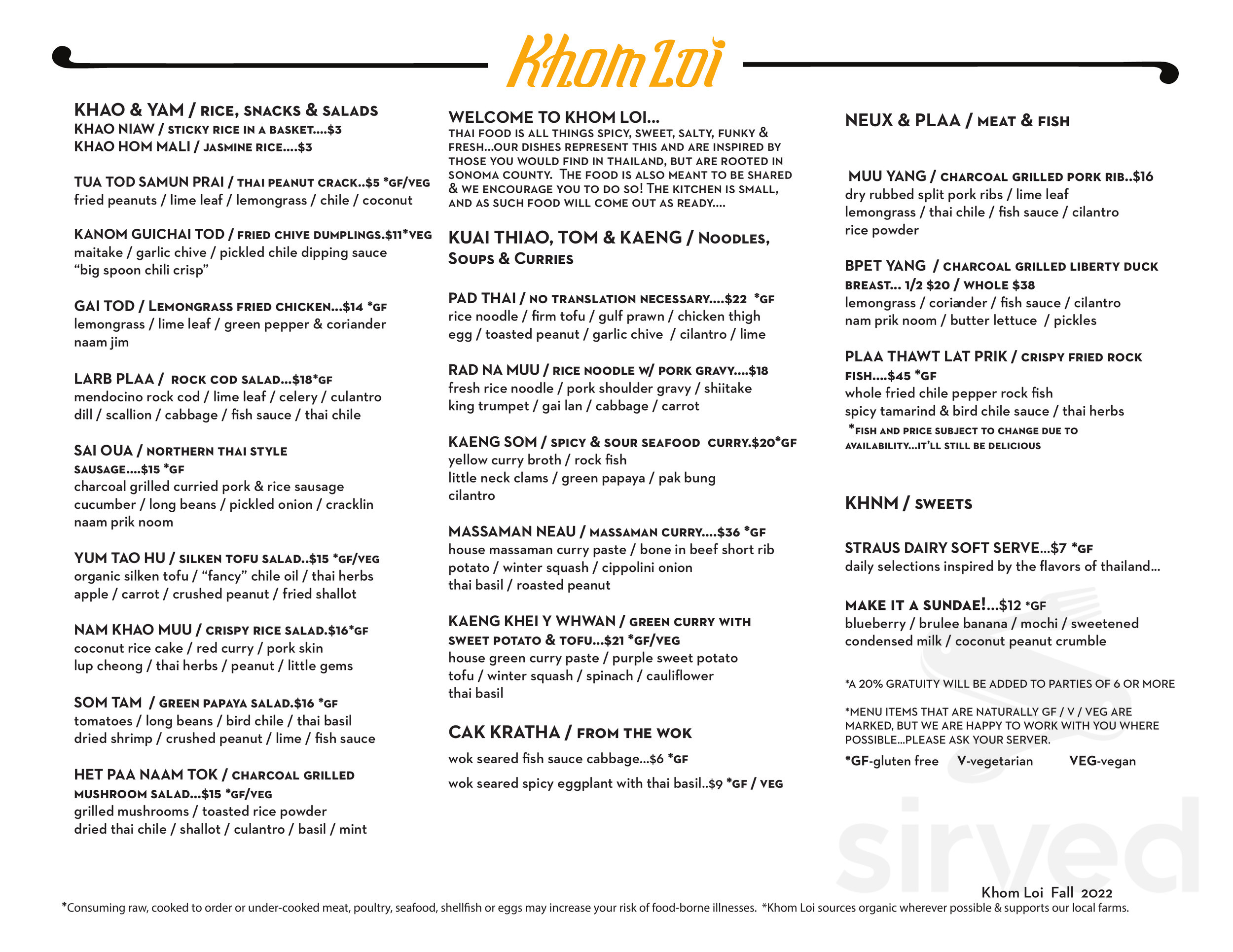 Khom Loi Menu - Sebastopol, California | Sirved