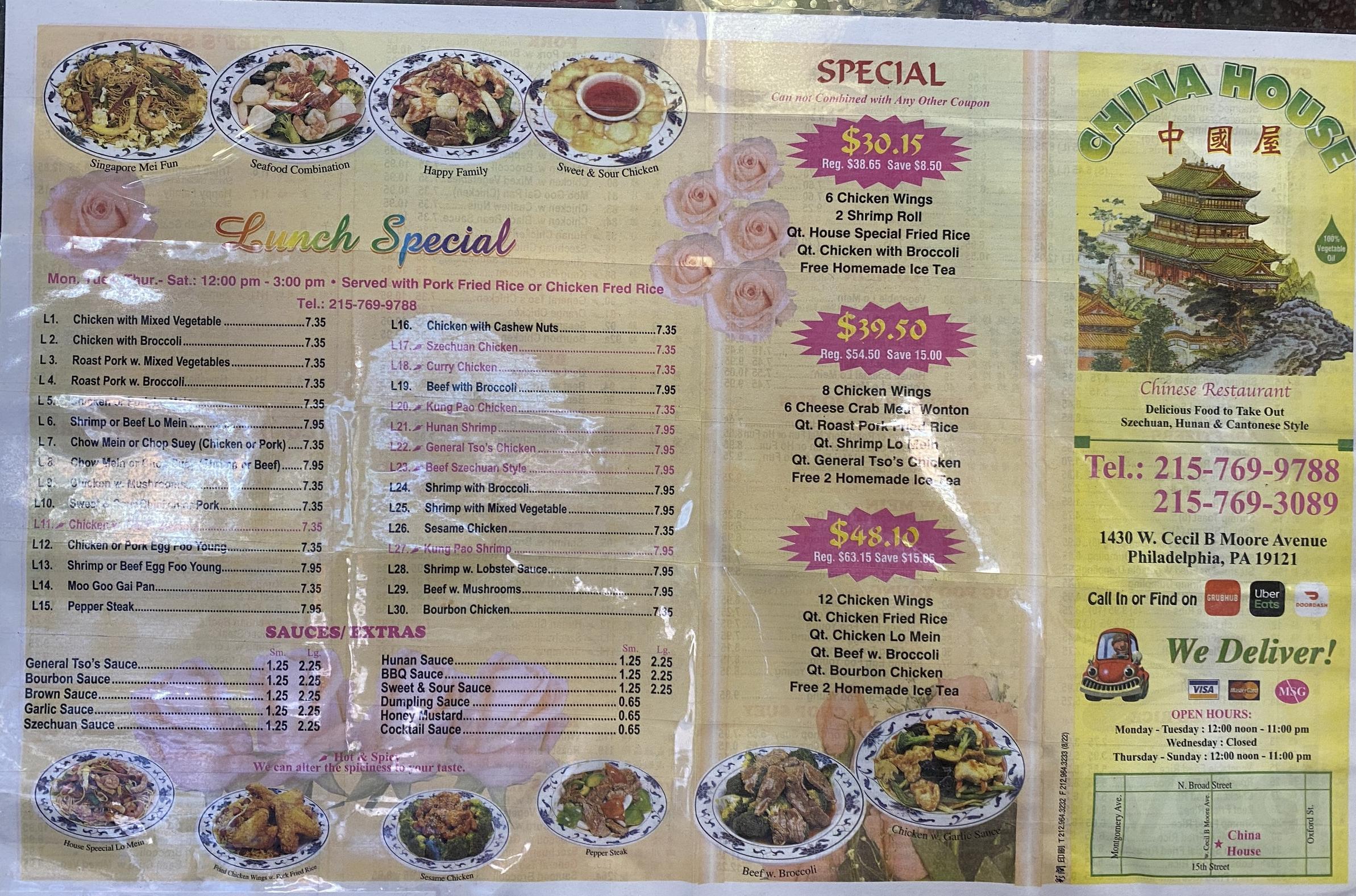 China House menu in Philadelphia, Pennsylvania, USA