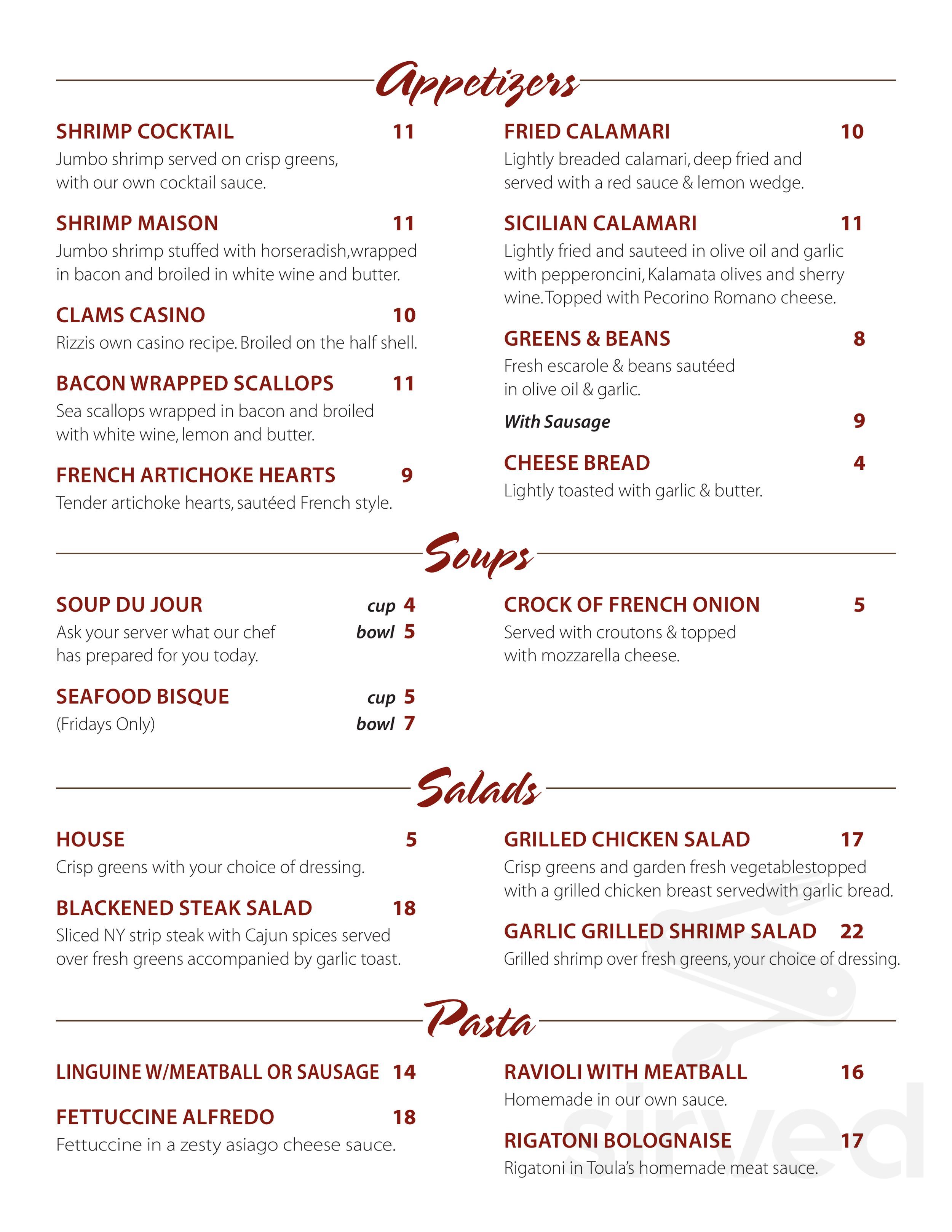 Rizzis Restaurant menu in Rochester, New York, USA