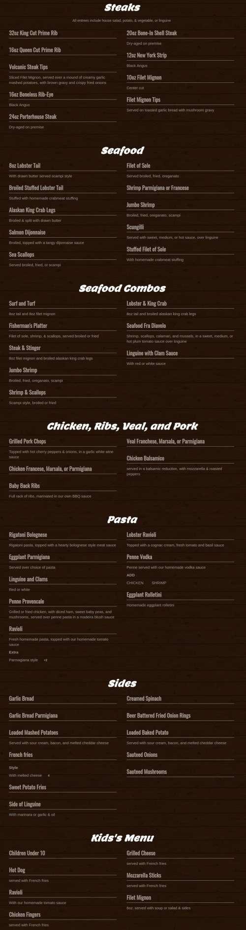 West Shore Inn Steakhouse menu in Staten Island, New York, USA