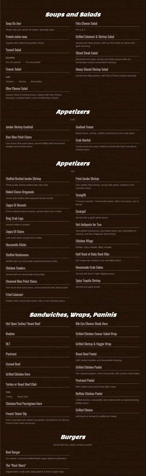 West Shore Inn Steakhouse menu in Staten Island, New York, USA