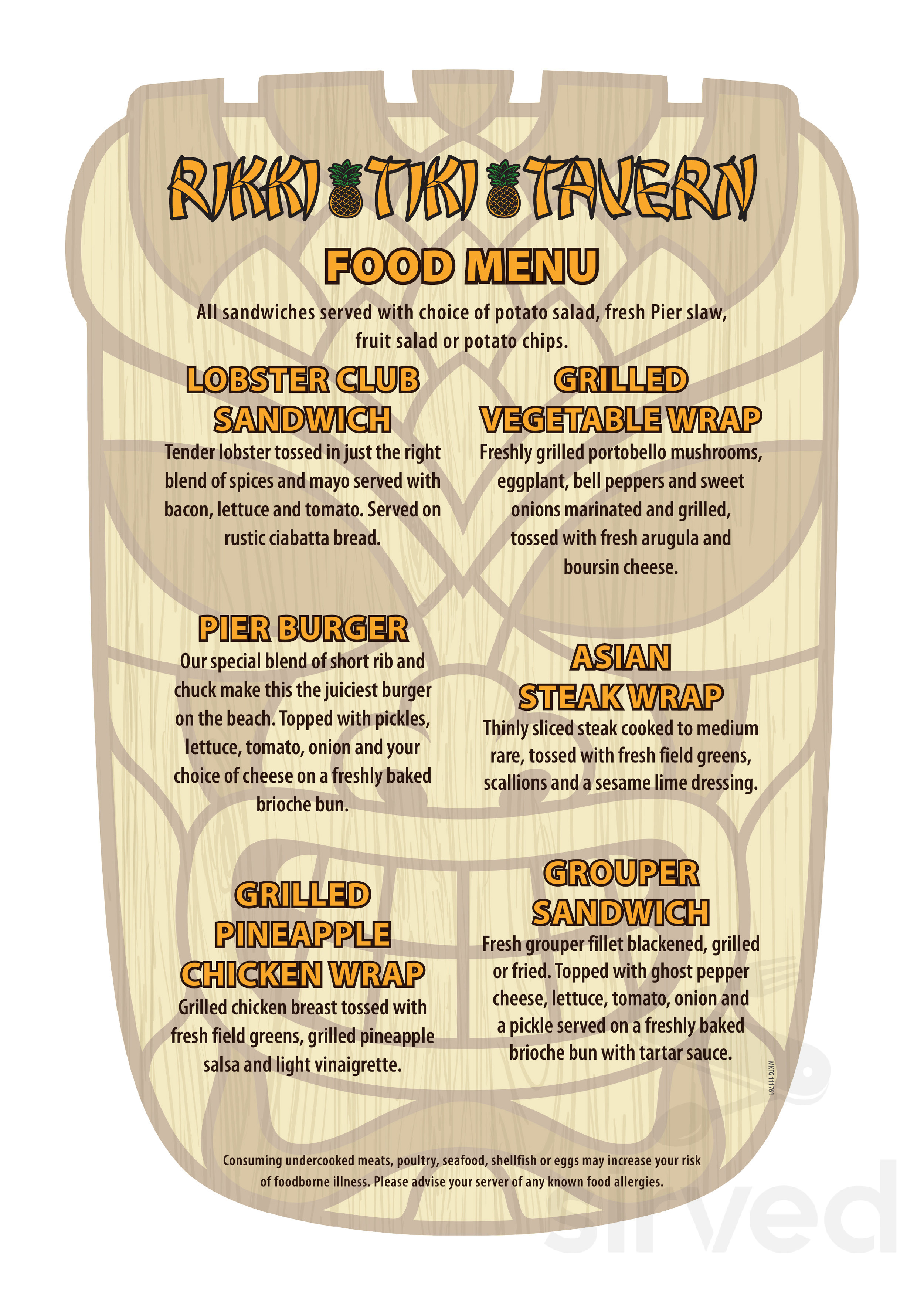 Menu for Rikki Tiki Tavern in Cocoa Beach, Florida, United States