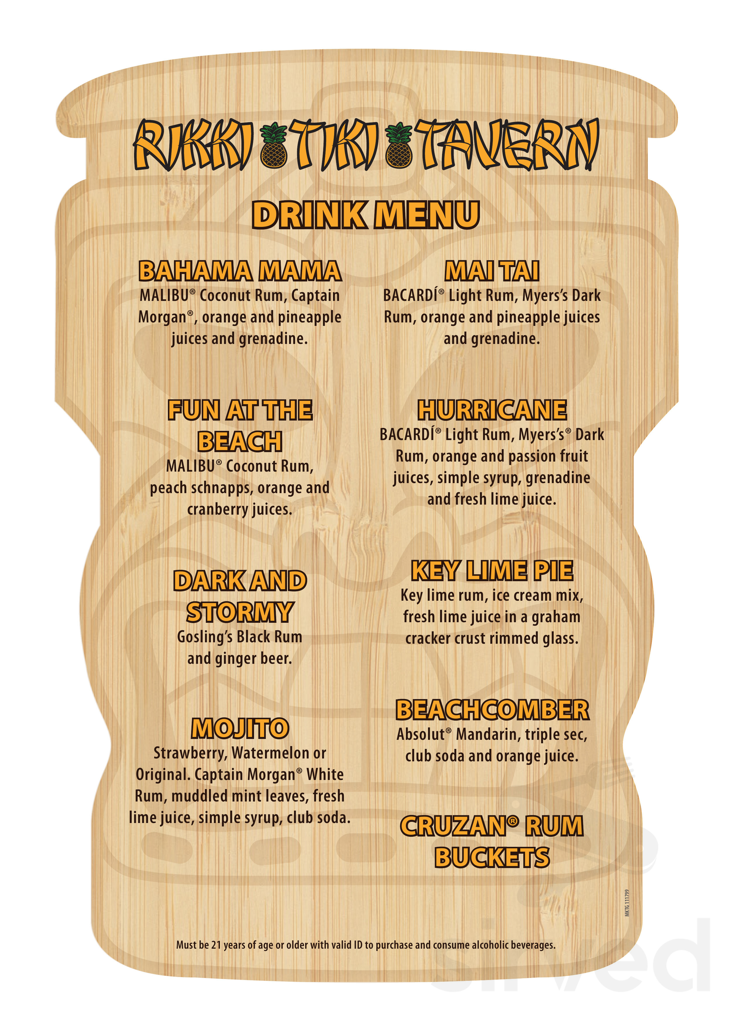 Rikki Tiki Tavern menu in Cocoa Beach, Florida, USA