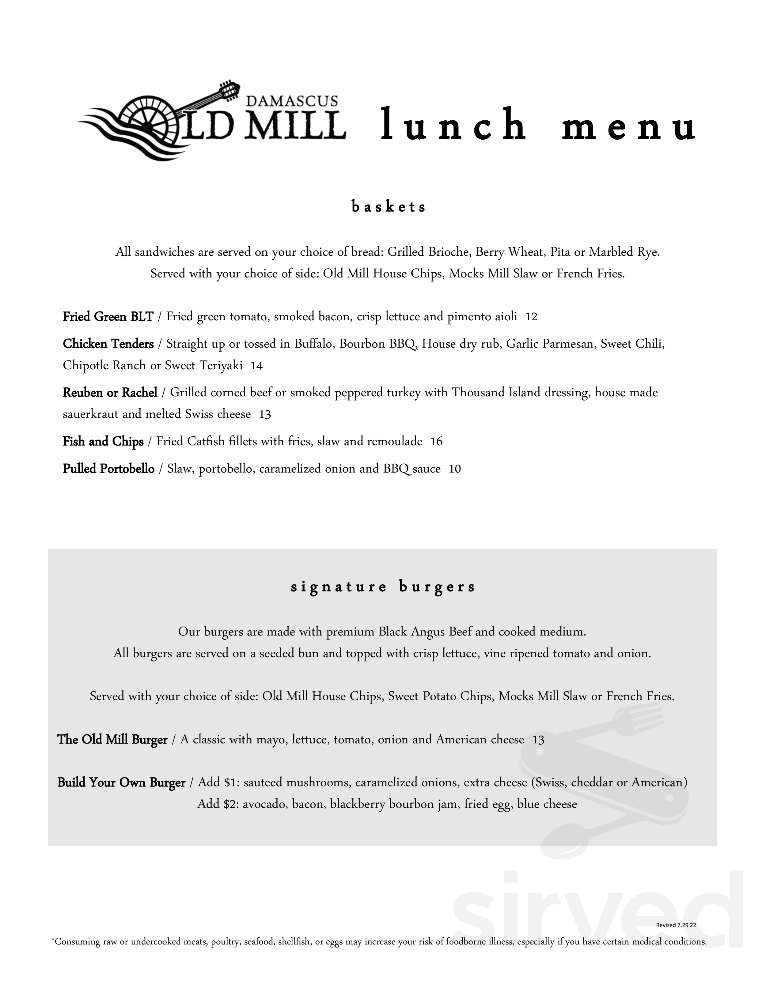 Damascus Old Mill Inn menu in Damascus, Virginia, USA