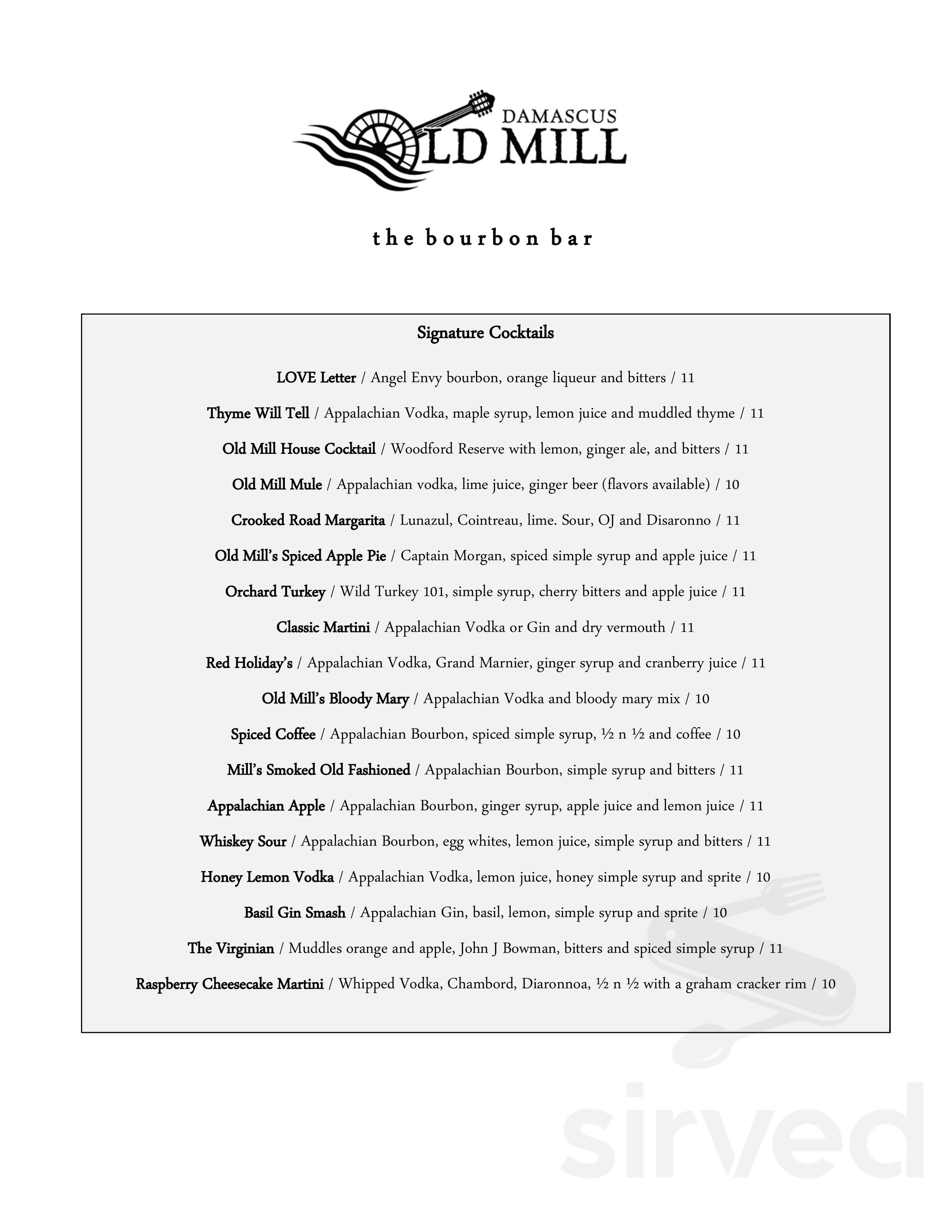 Damascus Old Mill Inn menu in Damascus, Virginia, USA