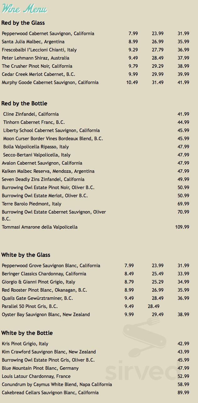 Vault Restaurant menu in Surrey, British Columbia, Canada