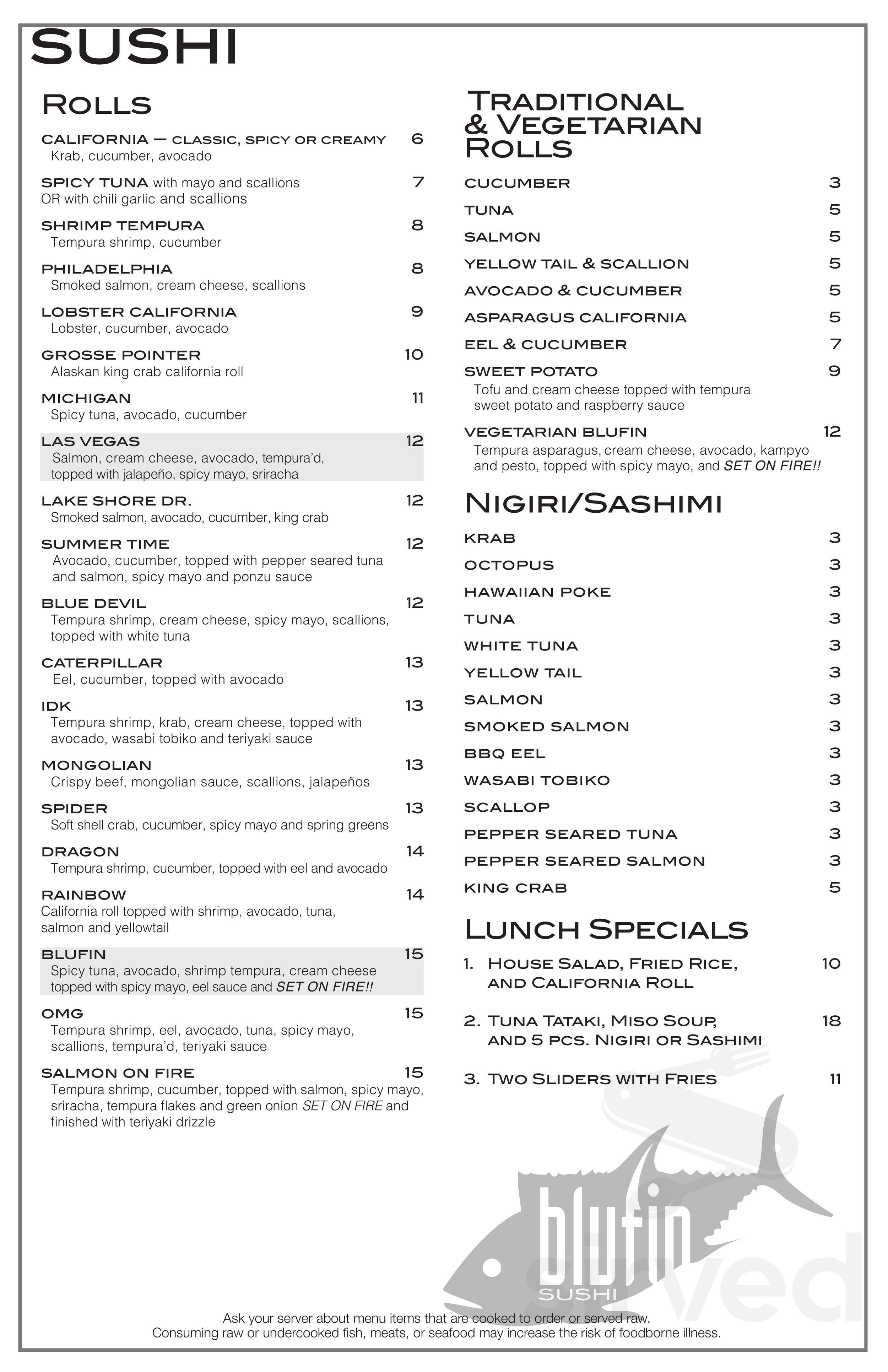 Menu for Blufin Sushi in Grosse Pointe Farms, MI | Sirved