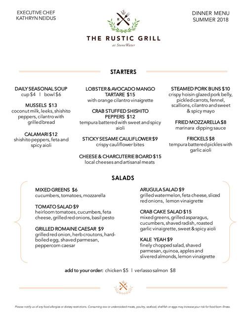 The Rustic Grill at StoneWater menu in Cleveland, Ohio, USA
