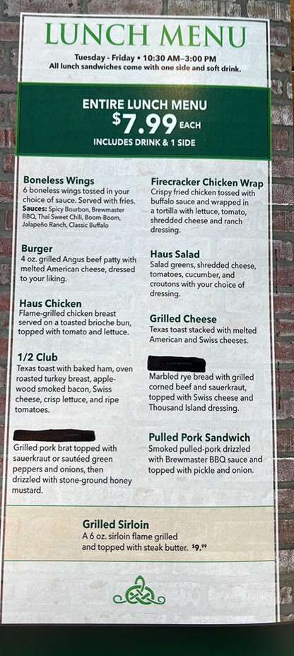 Pour Haus menu in Tell City, Indiana, USA