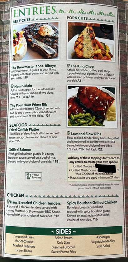 Pour Haus menu in Tell City, Indiana, USA