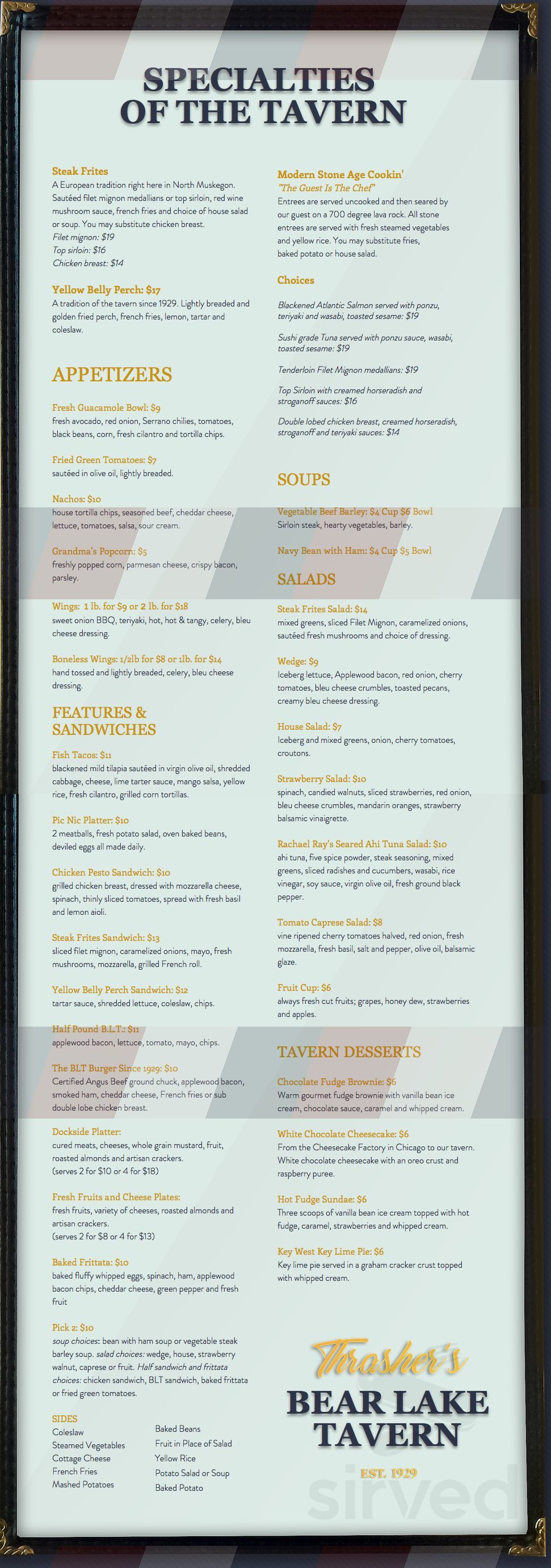 Menu for Bear Lake Tavern in Muskegon, MI | Sirved