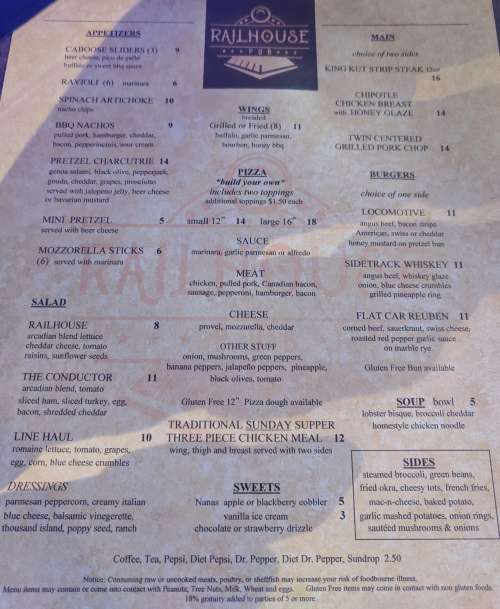 Railhouse Pub menu in Wright City, Missouri, USA
