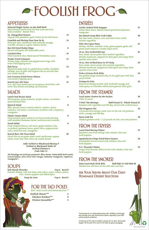 Foolish Frog menu in St Helena Island, South Carolina, USA