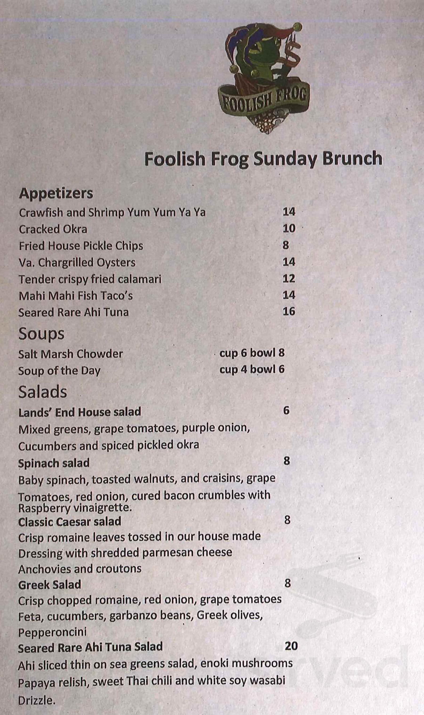 Foolish Frog menu in St Helena Island, South Carolina, USA