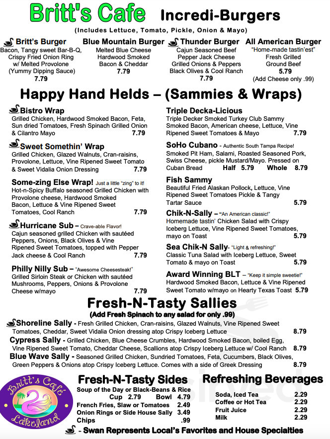 Britt's Cafe - South Lakeland menu in Lakeland, Florida, USA