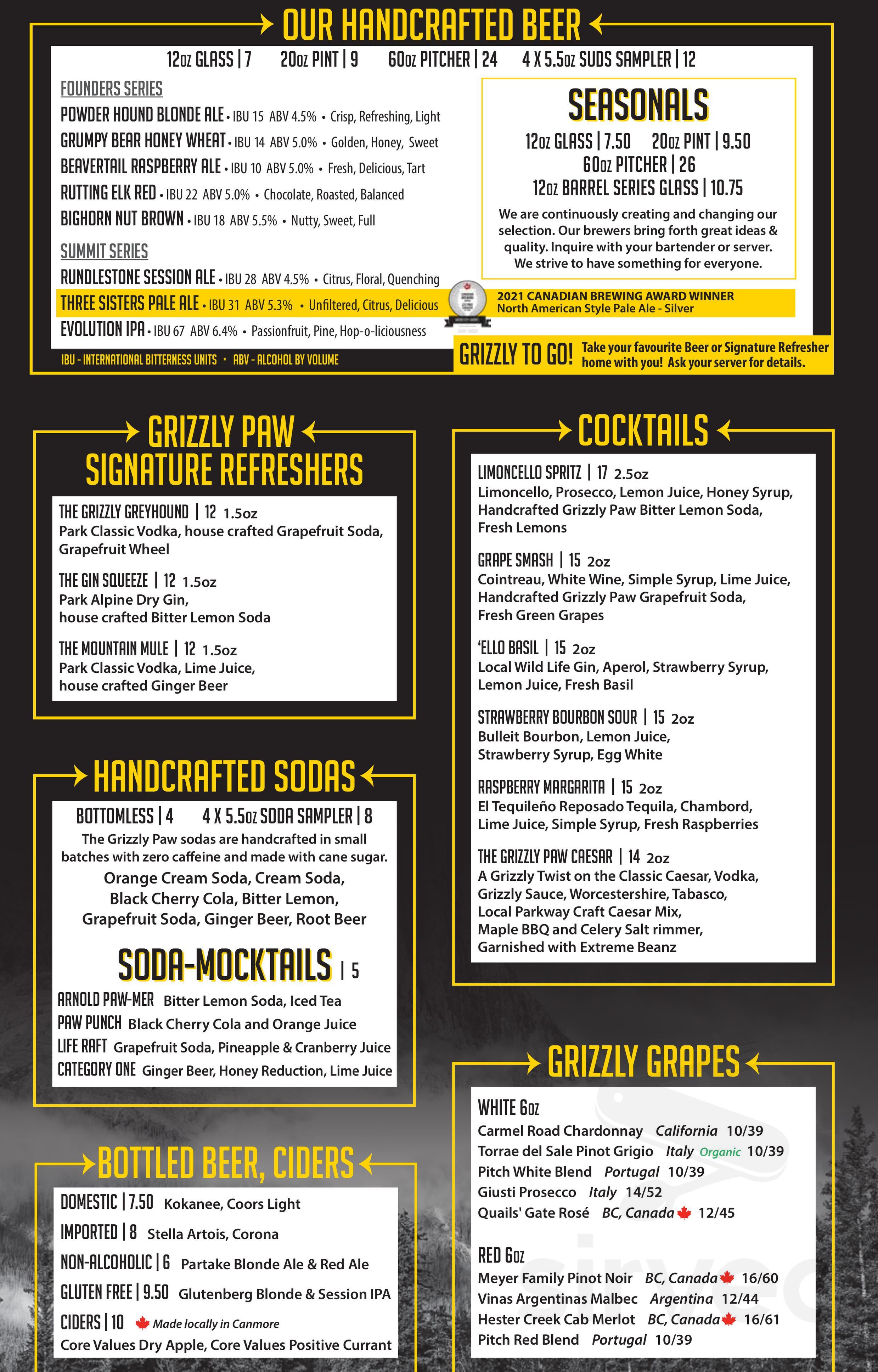 The Grizzly Paw Taproom - Brewery Location menus in Canmore, Alberta ...