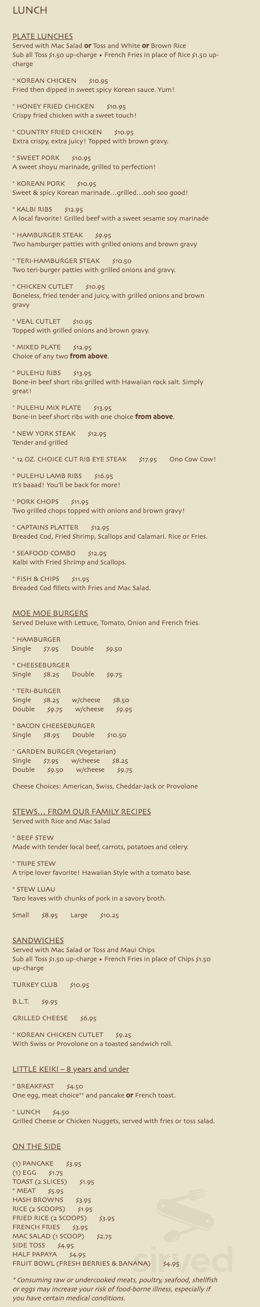 Hawaiian Style Cafe Hilo menu in Hilo, Hawaii, USA